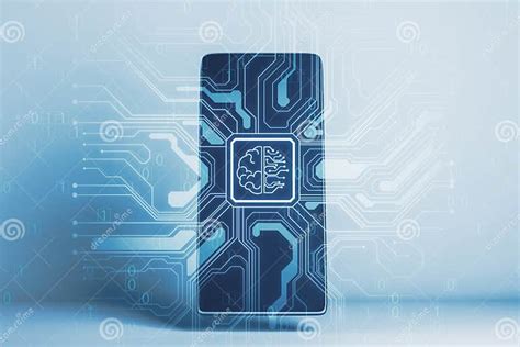 Close Up Of Mobile Phone With Abstract Brain And Binary Code Circuit On Blurry Background Chip