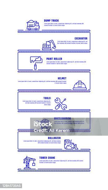 인포그래픽 디자인 템플릿입니다 덤프 트럭 굴삭기 페인트 롤러 도구 수레 불도저 타워 크레인 아이콘 6 옵션 또는 단계 0명에 대한 스톡 벡터 아트 및 기타 이미지 Istock