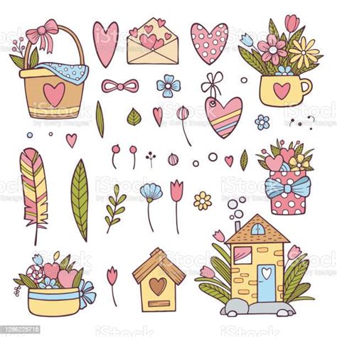 손으로 그린 낙서 사랑 요소의 세트 발렌타인 데이 카드 스티커 스탬프 디자인 심장 사랑 연설 거품 화살표 문자 텍스트 벡터 일러스트 손으로 그린 스케치 스타일 2월에 대한