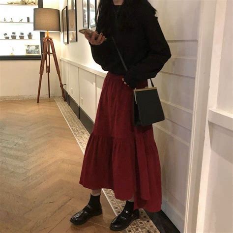 Lucyever Vintage Wine Red Corduroy Skirt Women Autumn Winter Irregular Midi Skirts Female High