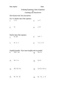 Evaluating Expressions Order Of Operations Combining Like Terms Review