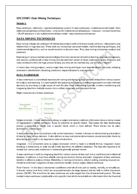 Dat Mining Module 1 Notes Sdc2ds07 Data Mining Techniques Module I Data Warehouse