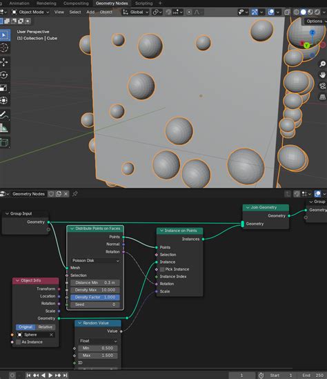 Geometry Nodes Distribute Randomly Scaled Icospheres Ontop Of Faces And Not Intersecting The
