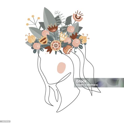 꽃 화환이 있는 여자 머리 실루엣 숲 드라이어드 또는 자연 여왕 개념 트렌디한 여성 얼굴은 하나의 라인 아트 스타일로 분리된 일러스트레이션입니다 연속 예술 현대 벡터