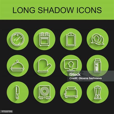 세트 라인 나이프 전기 스토브 도마 토스터 믹서기 오븐 장갑 우유 종이 패키지 및 위치 아이콘이 있는 셰프 모자 벡터 Brand