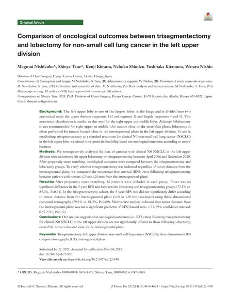 Pdf Comparison Of Oncological Outcomes Between Trisegmentectomy And Lobectomy For Non Small