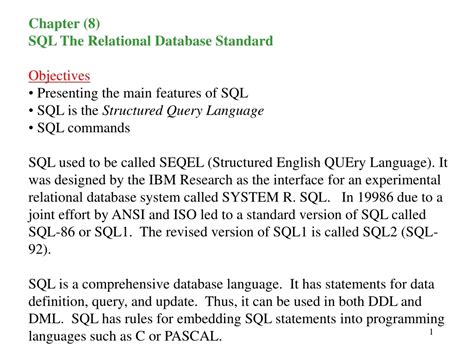 Ppt Chapter Sql The Relational Database Standard Objectives Presenting The Main Features