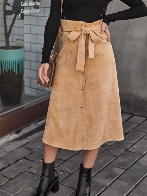 Brown Corduroy High Waist Button Placket Front Midi Skirt Choies