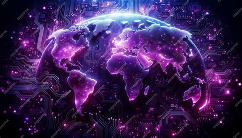Premium Ai Image Digital World Map On Circuitry With Vibrant Purple Hues Indicating Advanced