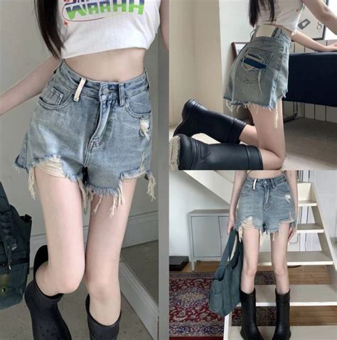 Lucky Stars แฟชั่นกางเกงยีนส์ขาสั้นเอวสูง ทรงสวยเข้ารูป ปลายรุ่ยขาดขาเล็กน้อย ผ้ายีนส์แท้ สั้น