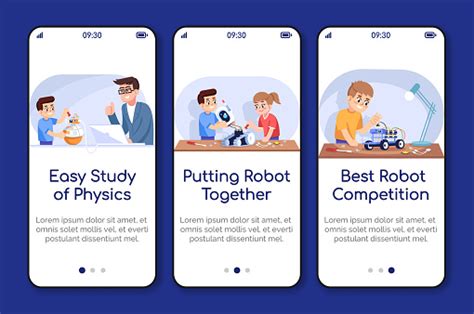모바일 앱 화면 벡터 템플릿온보딩 아이들을위한 로봇 코스 방과 후 클럽 플랫 문자가 있는 연습 웹 사이트 단계입니다 Ux Ui Gui 스마트폰 만화 인터페이스 컨셉 가공의