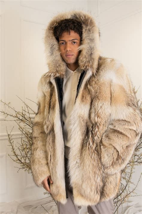 Mens Coyote Fur Jacket With Hood Made Of 100 Genuine Fur Etsy