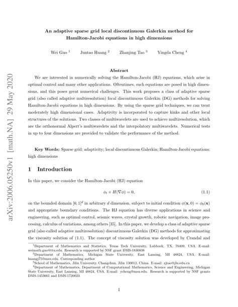Pdf An Adaptive Sparse Grid Local Discontinuous Galerkin Method For Hamilton Jacobi Equations