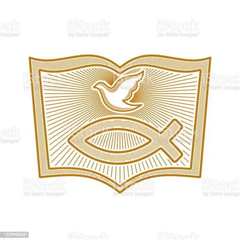 교회 로고 기독교 상징 열린 성경의 배경에 물고기와 비둘기의 표시 0명에 대한 스톡 벡터 아트 및 기타 이미지 0명 가시관 교회 Istock