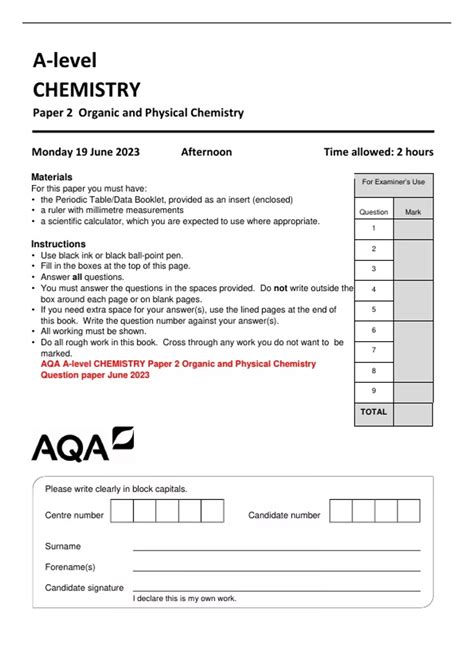 Aqa A Level Chemistry Paper 2 Organic And Physical Chemistry Question Paper June 2023 Aqa