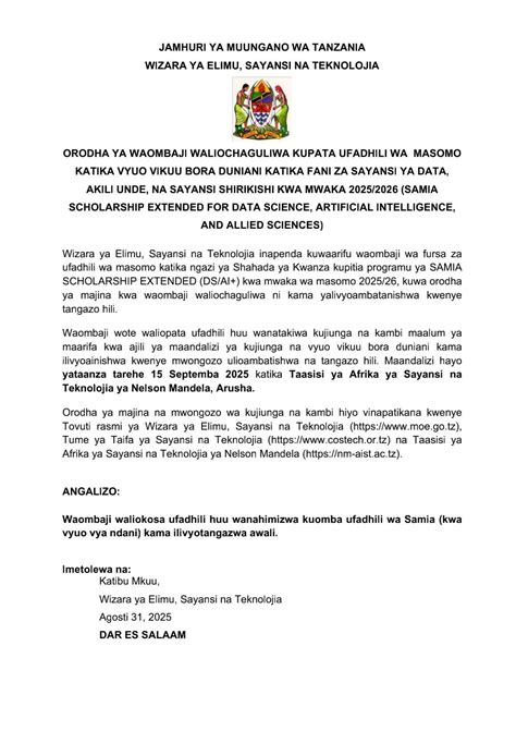 Orodha Ya Waombaji Waliochaguliwa Kupata Ufadhili Wa Masomo Katika Vyuo Vikuu Bora Duniani