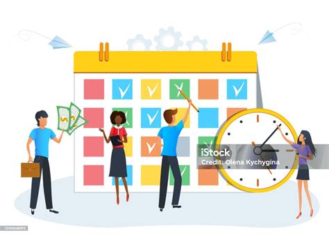 벡터 일러스트 비즈니스 사람들이 일정을 계획 사업가는 자신의 작업을 계획하고있다 작업 일정 미리 알림 및 시간표 시간과 비용을 절약할 수 있습니다 금융 투자 마감 개념에
