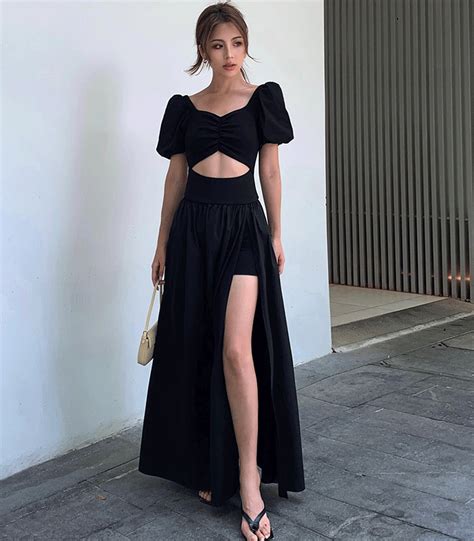 다바나 신비감성숙한 매력 우아하고 시크한 매력 레트로 튤립넥 패셔너블 니트 섹시 롱 원피스 파티룩 해변룩 비치룩 여행룩