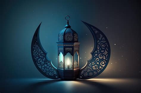 이슬람 휴일을 위한 이슬람 인사말 Eid Mubarak 카드eiduladha 축제 축하아랍 라마단 랜턴 생성 Ai 초승달 이슬람라마단 카림 모스크 포함 프리미엄 사진