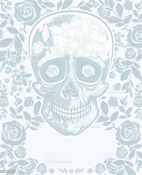 장미 무늬의 꽃이있는 흰색 배경에 두개골 실루엣 죽은 날과 할로윈 디자인 인쇄 배너 복사 공간이있는 포스터를위한 벡터 일러스트 레이 션 검은색에 대한 스톡 벡터 아트 및