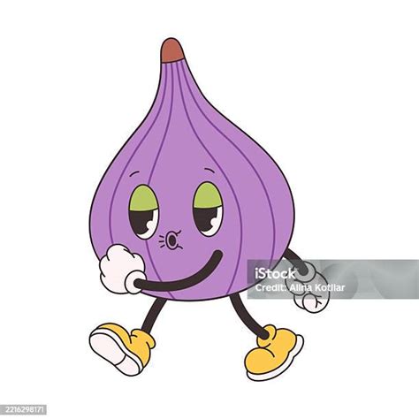 귀여운 그루비 무화과 과일 트렌디 한 펑키 복고풍 만화 과일 캐릭터 그루비 여름 컬렉션 플랫 스타일의 벡터 일러스트 레이 션 1950 1959 년에 대한 스톡 벡터 아트 및
