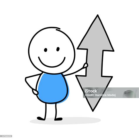 화살표 아이콘을 들고 만화 스틱맨입니다 비즈니스 프리젠 테이션을위한 재미있는 손으로 그린 디자인 벡터 그림 개념에 대한 스톡