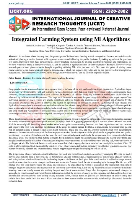 Pdf Integrated Farming System Using Ml Algorithms