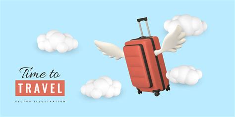 프로모션 배너 디자인을 여행 할 시간 날개가있는 3d 현실적인 렌더링 여행 가방은 구름 속에서 날아갑니다 벡터 일러스트 레이 션 가방에 대한 스톡 벡터 아트 및 기타 이미지