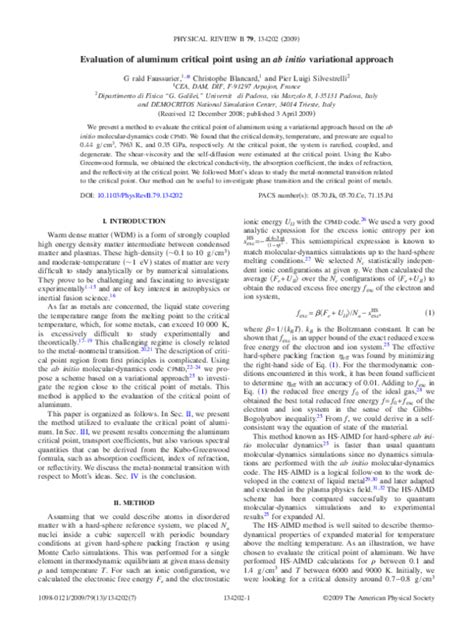 Pdf Evaluation Of Aluminum Critical Point Using An Ab Initio