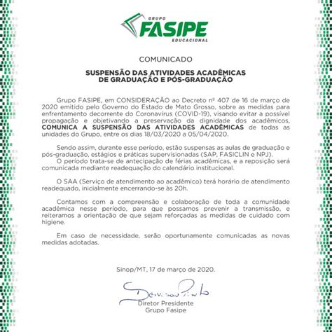 Suspensão Das Atividades Acadêmicas De Graduação E Pós Graduação