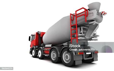 콘크리트 믹서 트럭 흰색 배경에 고립의 후면 볼 수 있습니다 넓은 각도입니다 왼쪽된 사이드입니다 관점입니다 3d 그림입니다 3차원 형태에 대한 스톡 사진 및 기타 이미지