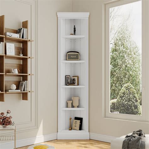 834tall 5 Tier Corner Bookcase Modern White Triangle Shelf Unit With
