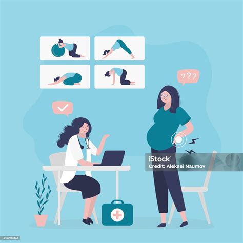 임산부를위한 의학적 조언 임신 허리 통증 완화 허리 통증 완화를 위해 배를 스트레칭하는 여성 요가 포즈를 취하는 임신 한 소녀와 함께 인포 그래픽 간호사에 대한 스톡 벡터