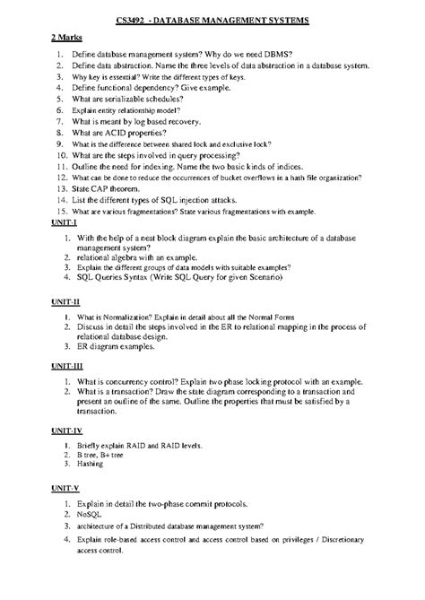 Cs3492 Dbms Questions Cs3492 Database Management Systems 2 Marks 1 Define Database