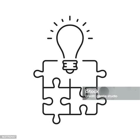 퍼즐과 전구 창조적인 해결책 개념 라인 아이콘 비즈니스 혁신 문제 해결 선형 픽토그램 전구 개요 표시가 있는 퍼즐 편집 가능한