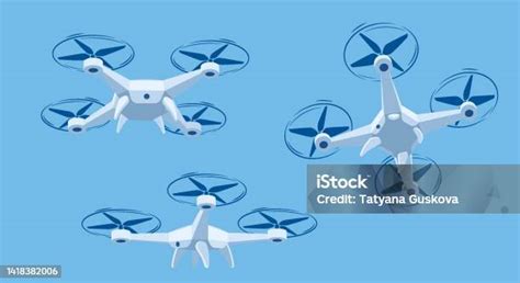푸른 하늘 배경 벡터 일러스트레이션을 가진 비행 무인 항공기 다른 각도로 비행하는 만화 드론 Multicopter에 대한 스톡 벡터 아트 및 기타 이미지 Istock