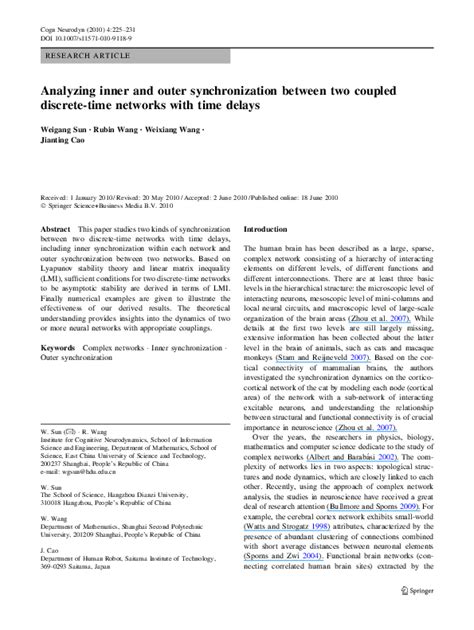 Pdf Analyzing Inner And Outer Synchronization Between Two Coupled Discrete Time Networks With