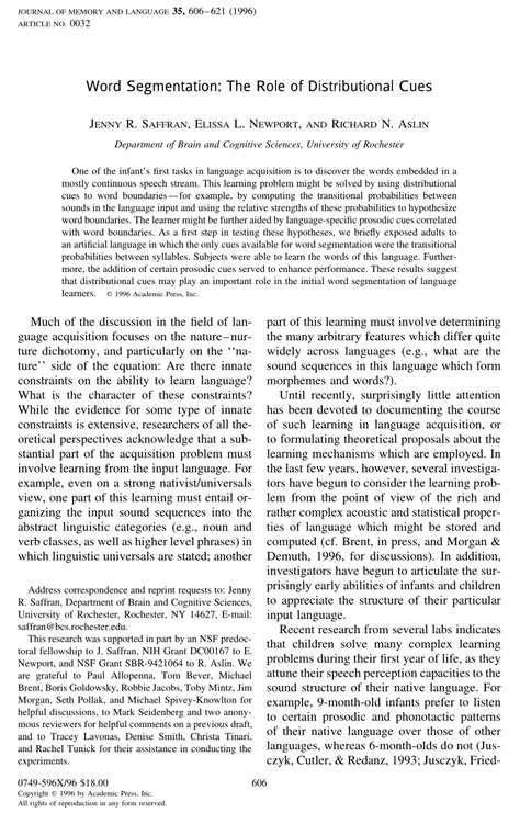 Pdf Word Segmentation The Role Of Distributional Cues