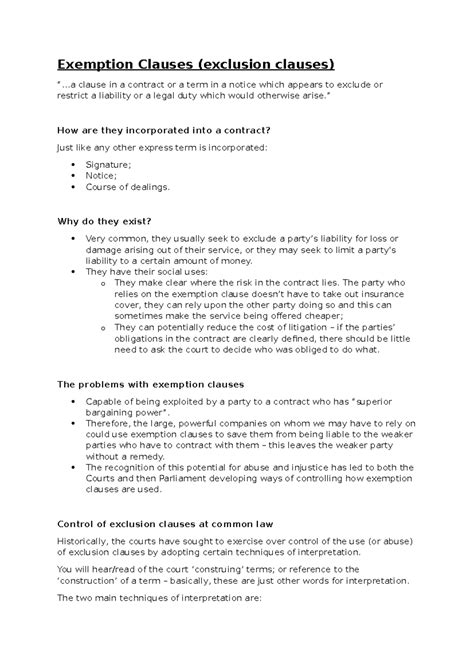 Lecture 11 And 12 Exclusion Clauses Exemption Clauses Exclusion