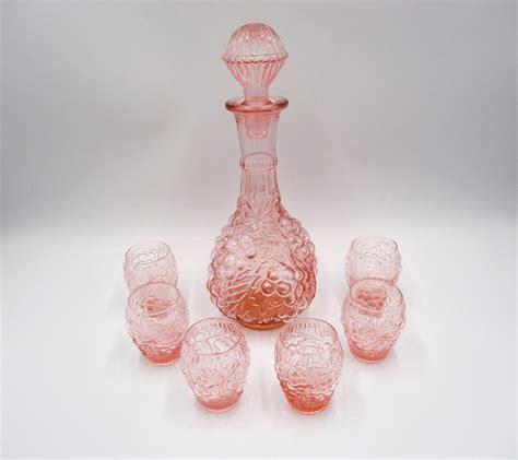 Vintage Imperial Glass Pink Decanter With Six Matching Tumblers Etsy