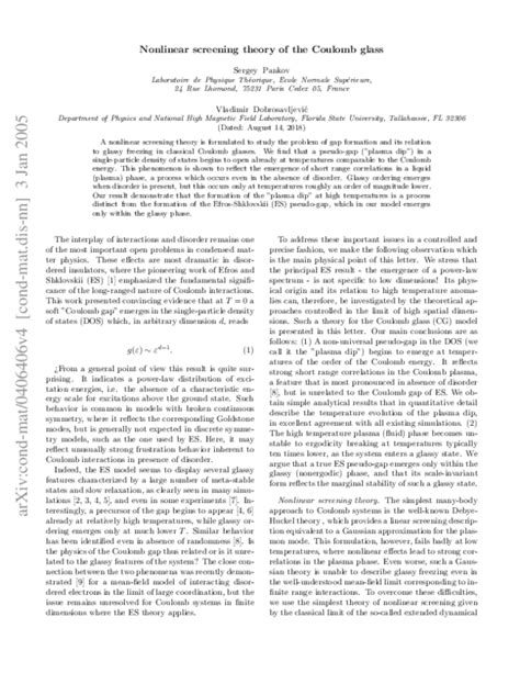 Pdf Nonlinear Screening Theory Of The Coulomb Glass