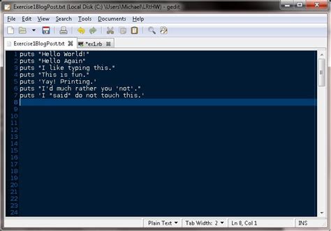 testhead exercise 1 a good first program learn ruby the hard way