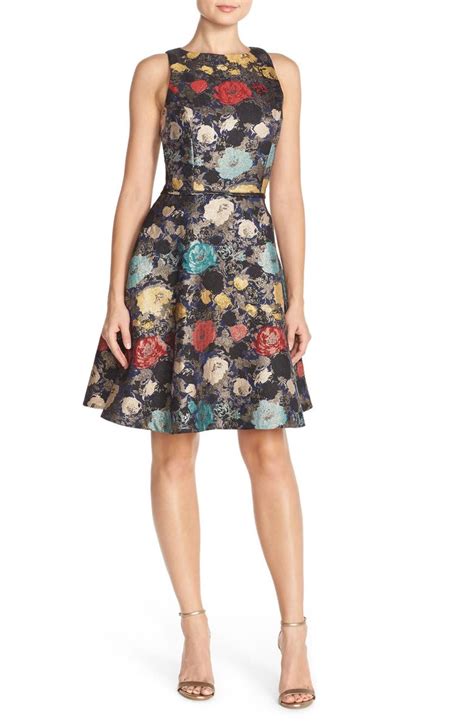 Tahari Floral Metallic Jacquard Fit And Flare Dress Regular And Petite