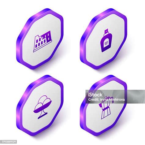 아이소메트릭 콜로세움 향수 그릇에 아이스크림 및 커피 메이커 모카 포트 아이콘을 설정합니다 보라색 육각형 버튼 벡터 3차원 형태에 대한 스톡 벡터 아트 및 기타 이미지