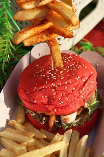 일회용 골판지 테이크 아웃 상자에 참깨 양상추와 감자 튀김 핑크 버거 롤빵햄버거이미지 0명에 대한 스톡 사진 및 기타 이미지