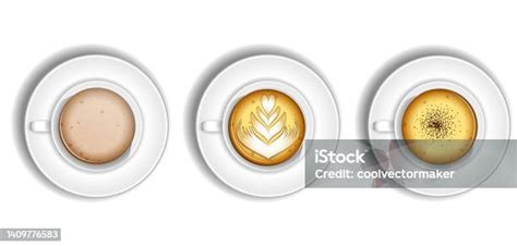 우유를 분리한 현실적인 커피 컵 세트 또는 카푸치노 아메리카노 에스프레소 모카 라떼가 있는 커피숍에서 커피 컵 Eps 벡터 가정의 방에 대한 스톡 벡터 아트 및 기타 이미지