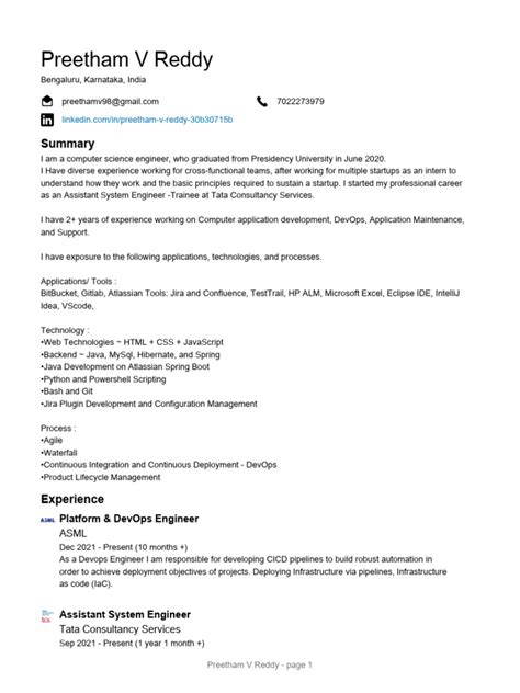Resume Preetham V Reddy Pdf Application Software Computing