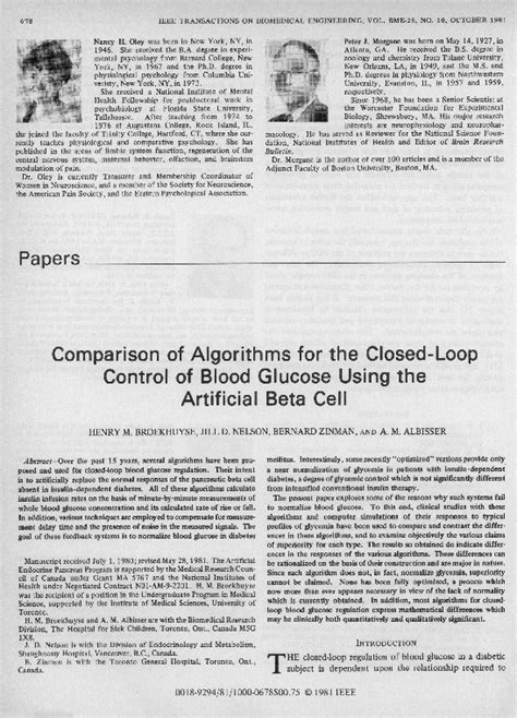 Pdf Comparison Of Algorithms For The Closed Loop Control Of Blood Glucose Using The Artificial