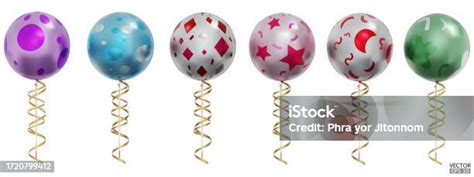 화려한 풍선 세트와 금색 리본 구불구불한 색종이 흰색 배경에 분리된 색종이 기념일 카드 생일 파티 포스터 장식 배너를 위한 헬륨 풍선 템플릿입니다 3차원 형태에 대한 스톡