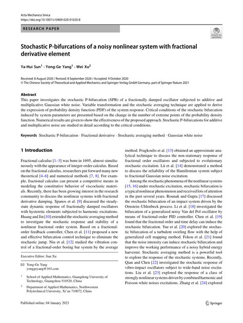 Pdf Stochastic P Bifurcations Of A Noisy Nonlinear System With Fractional Derivative Element